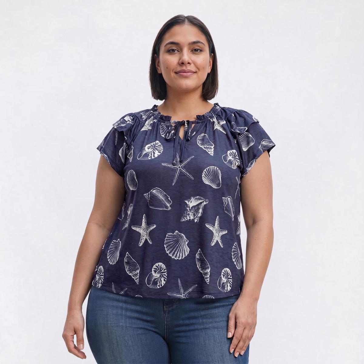 Click here for Plus Size Absolutely Famous Ruffle Neck Coastal Bl... prices